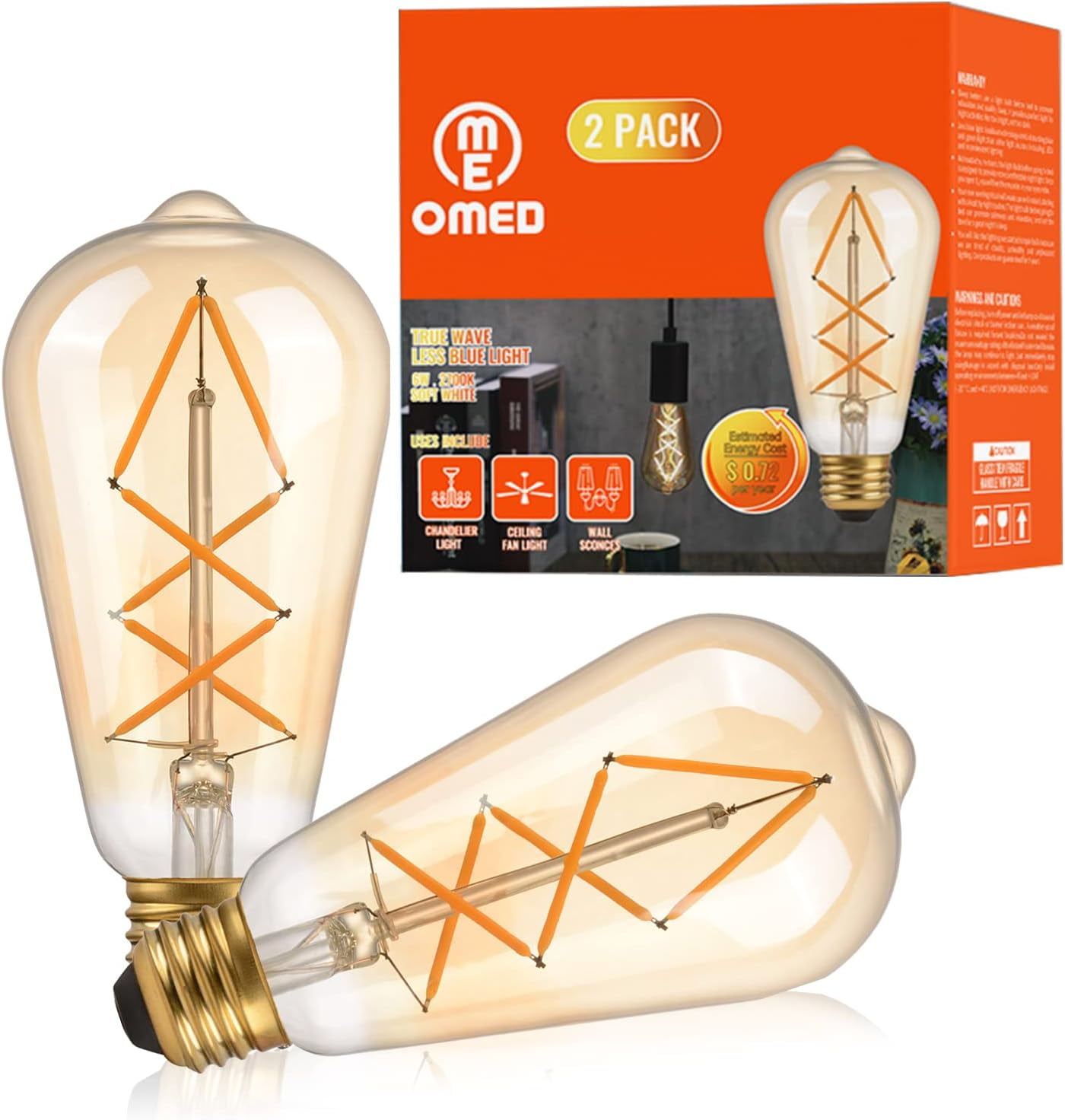 OMED LED Edison Bulb, Dimmable Amber Glass, 60W Equivalent, ST64 E26 ...