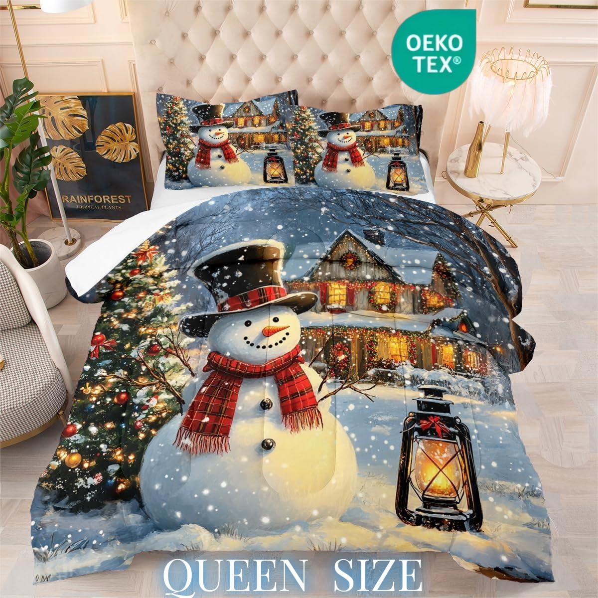 OMELA Christmas Comforter Set Queen Size,3 Pcs Snowman Christmas Pine ...