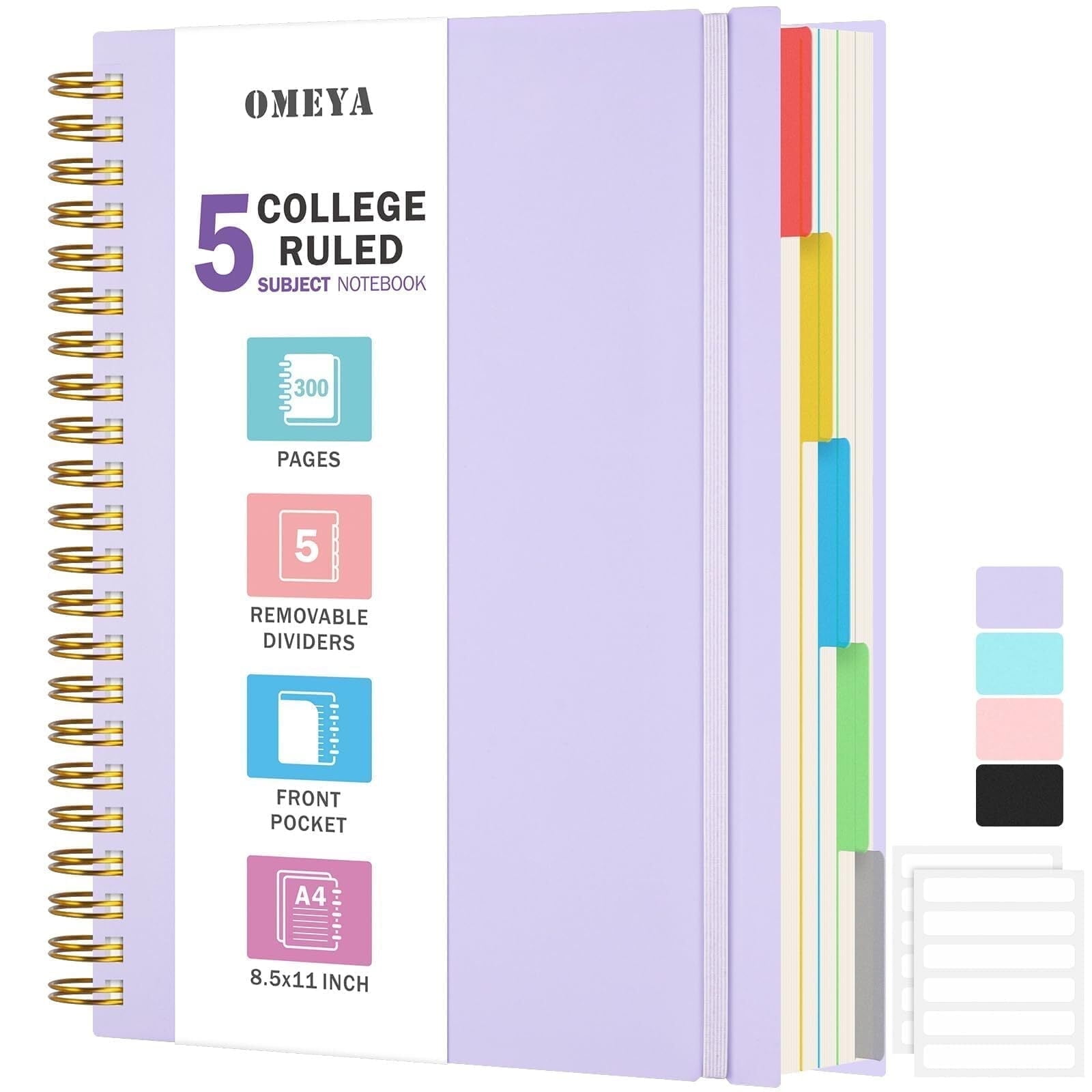 OMEYA Spiral Notebook 8.5x11 Inches with 300 Pages, 5-Subject College ...