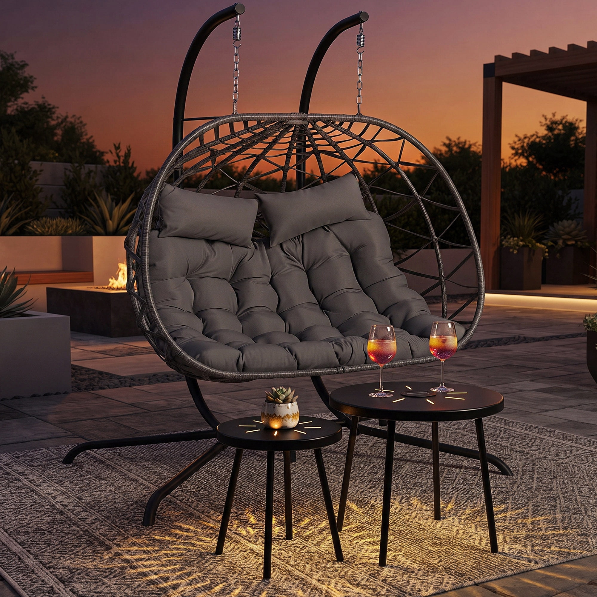 OMNIBERG Outdoor Patio Set of 3, Oversized Double Egg Swing Chair with ...