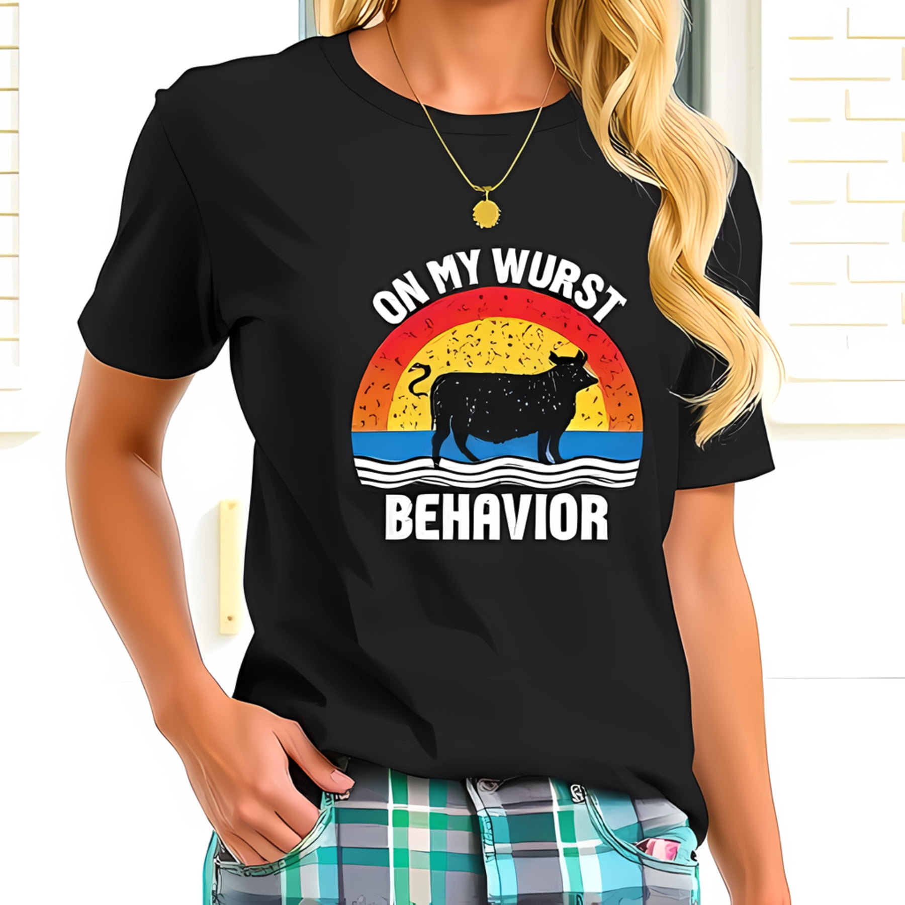 ON MY WURST BEHAVIOR Cotton Short Sleeve T-Shirt - Fun Cow Graphic ...
