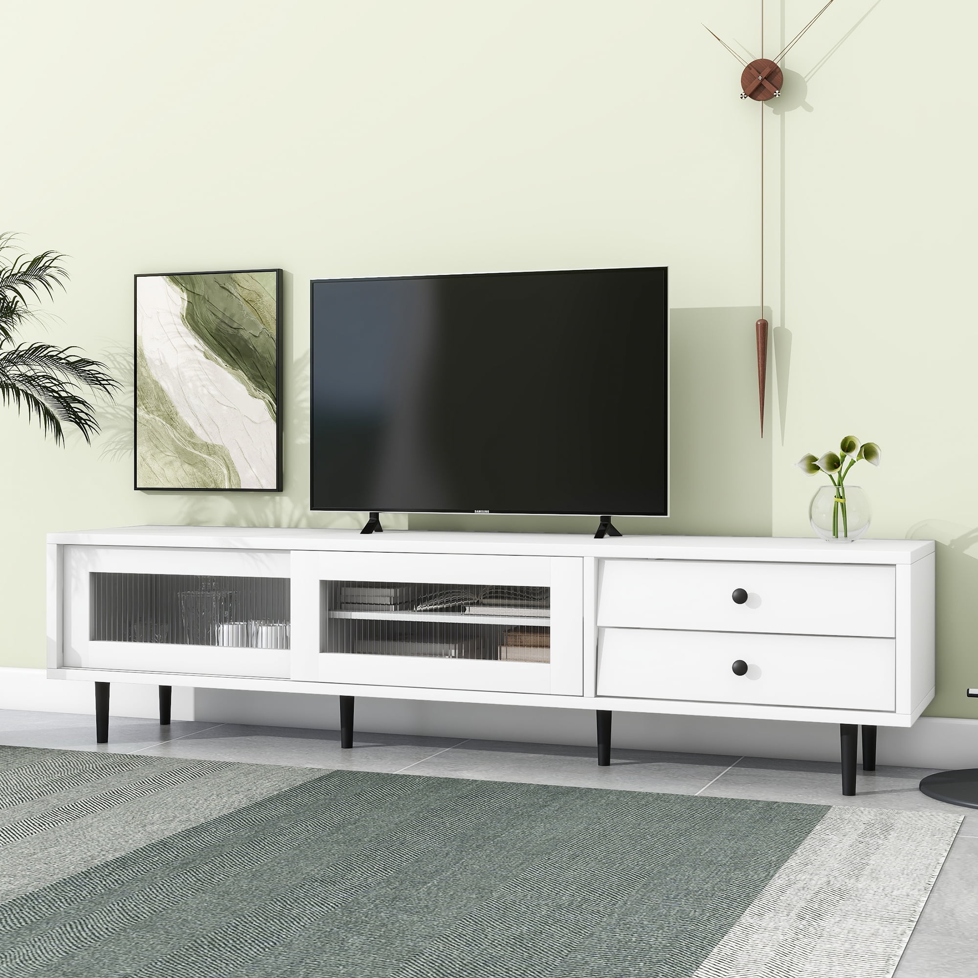 ON-TREND Chic Elegant Design TV Stand with Sliding Fluted Glass Doors ...