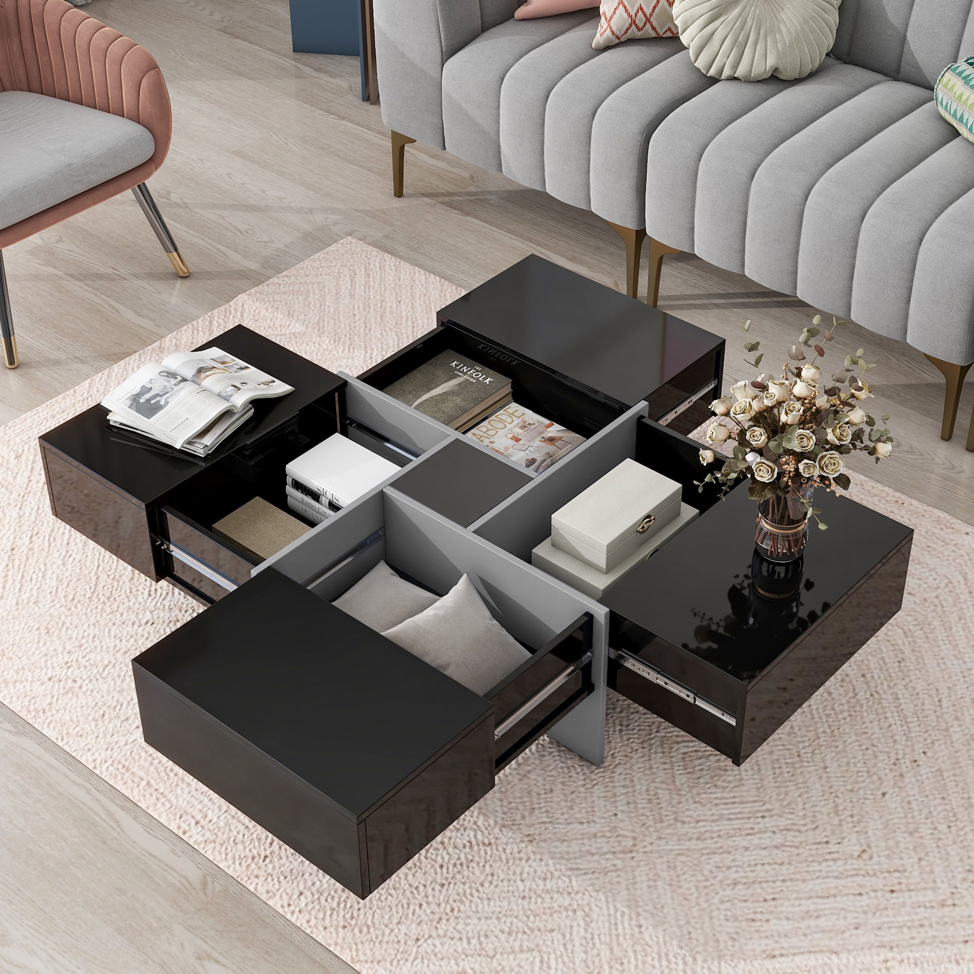 ON-TREND Expandable Square Cocktail Coffee Table with 4 Hidden Storage ...