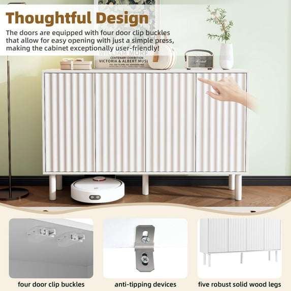 ON-TREND Minimalist Shoe Cabinet with 5 Solid Wood Legs, Cream Style Sideboard Buffet Cabinet ...