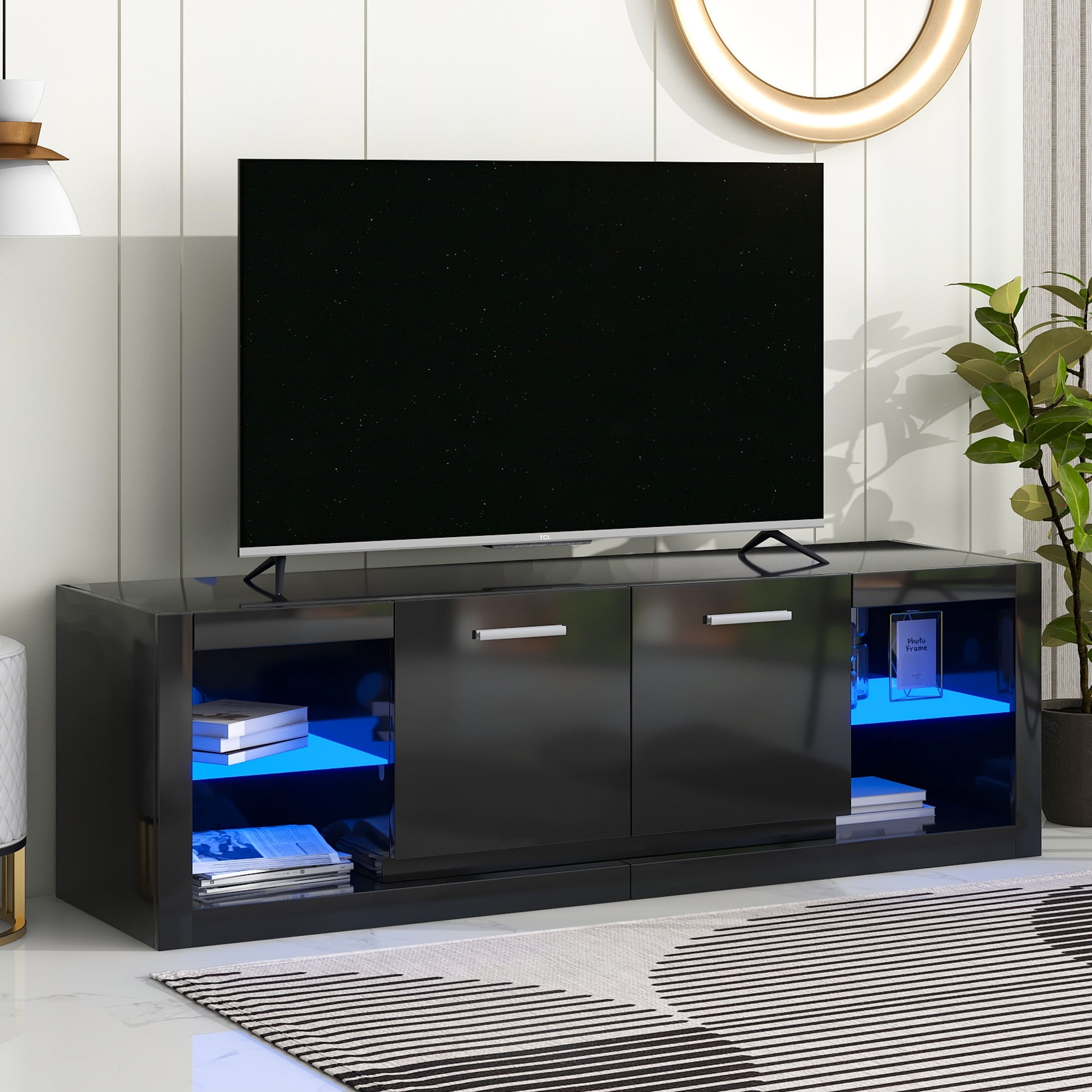 ON-TREND Modern TV Stand with LED Lights for 70 Inch TVs, High Gloss ...