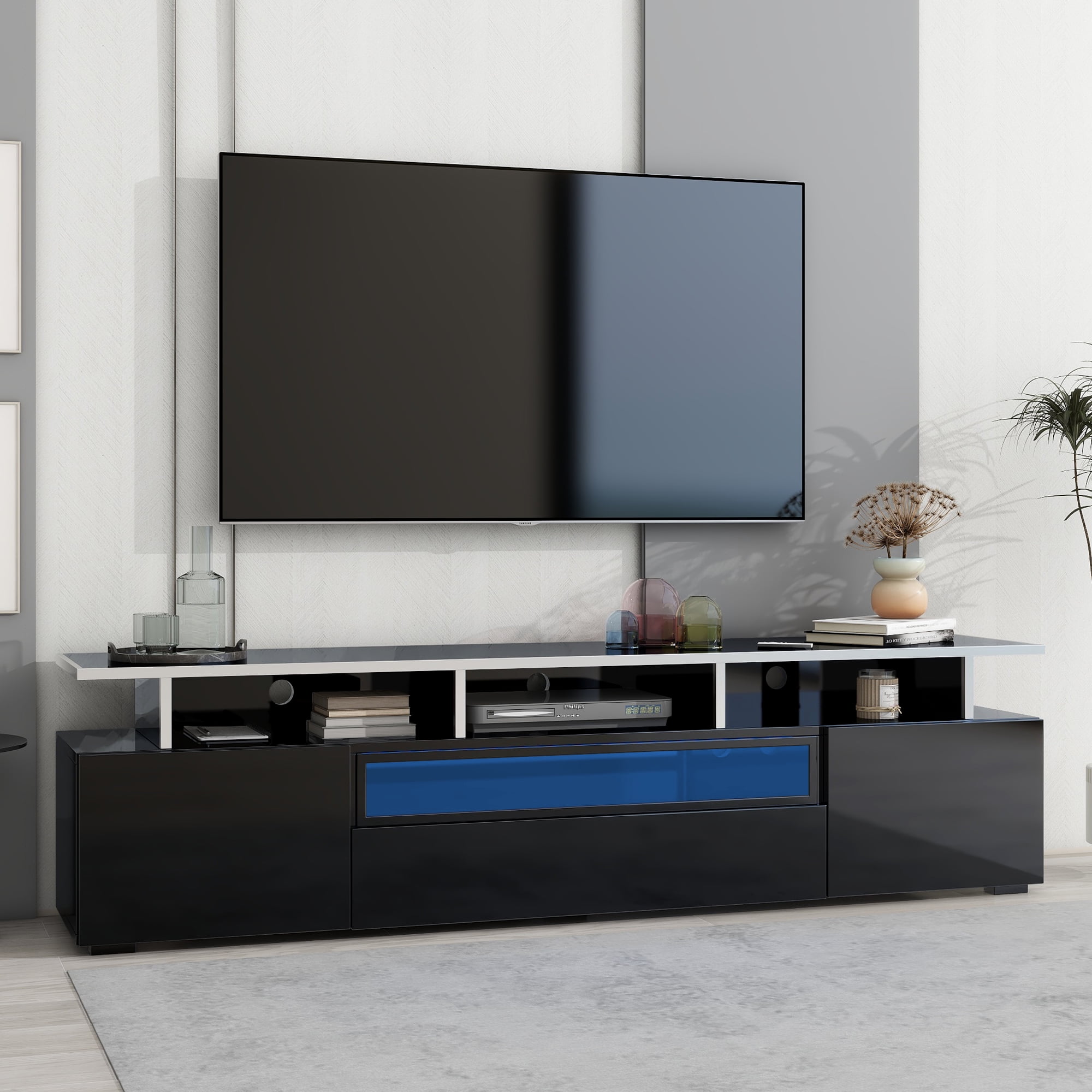 ON-TREND Modern TV Stand with Push to Open Doors, UV High-Gloss ...