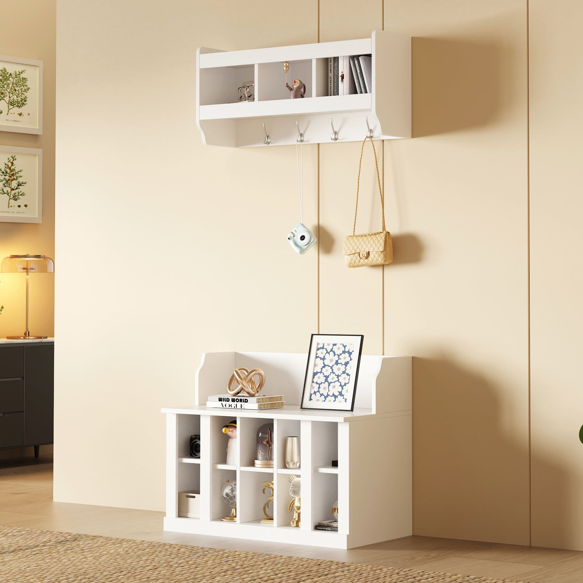 ON-TREND Shoe Storage Bench with Shelves and 4 Hooks, Elegant Hall Tree ...