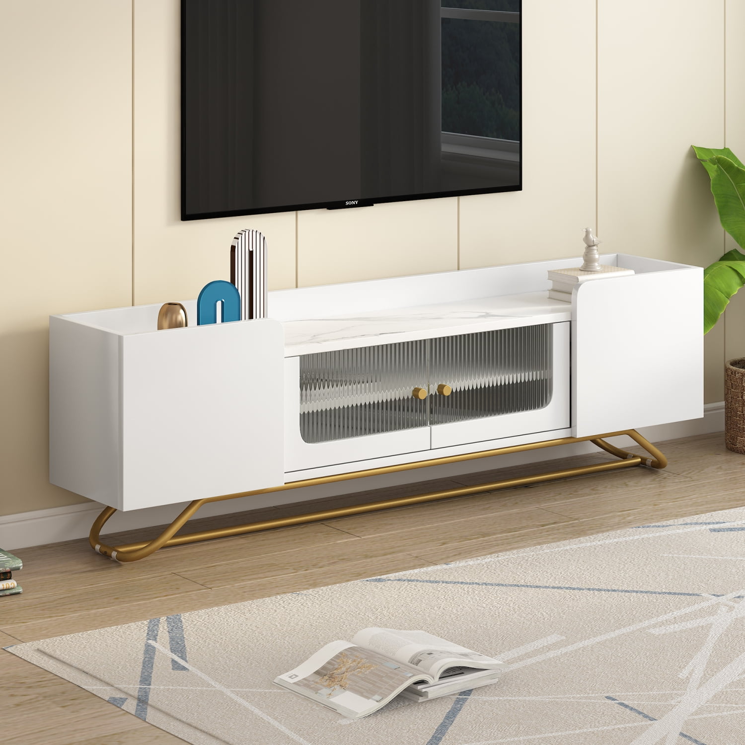 ON-TREND Sleek Design TV Stand with Fluted Glass Contemporary ...