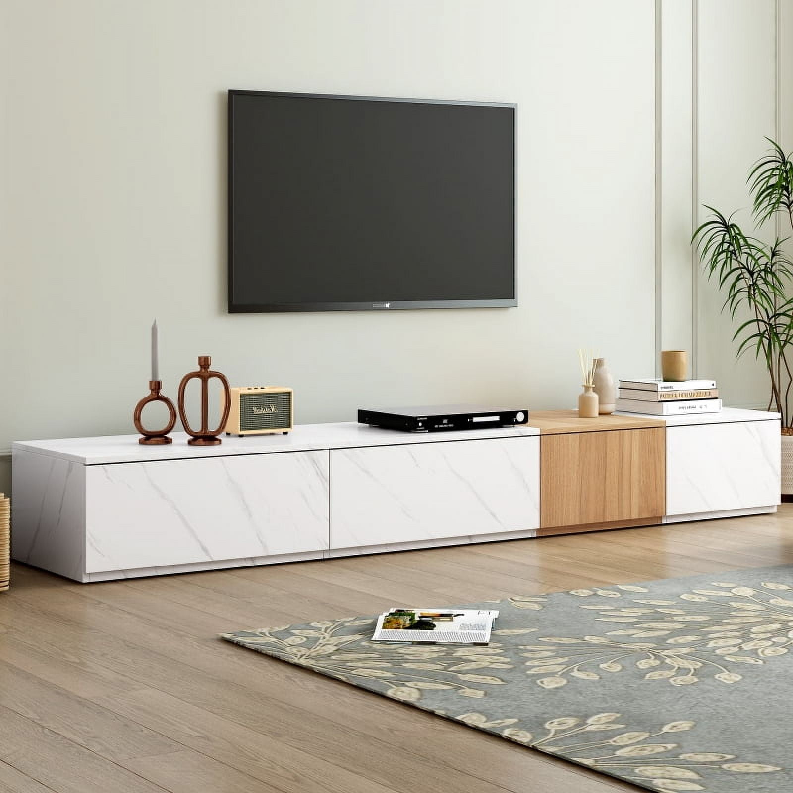 ON-TREND TV Stand with Faux Marble and Walnut Wood Grain Finish for TVs ...