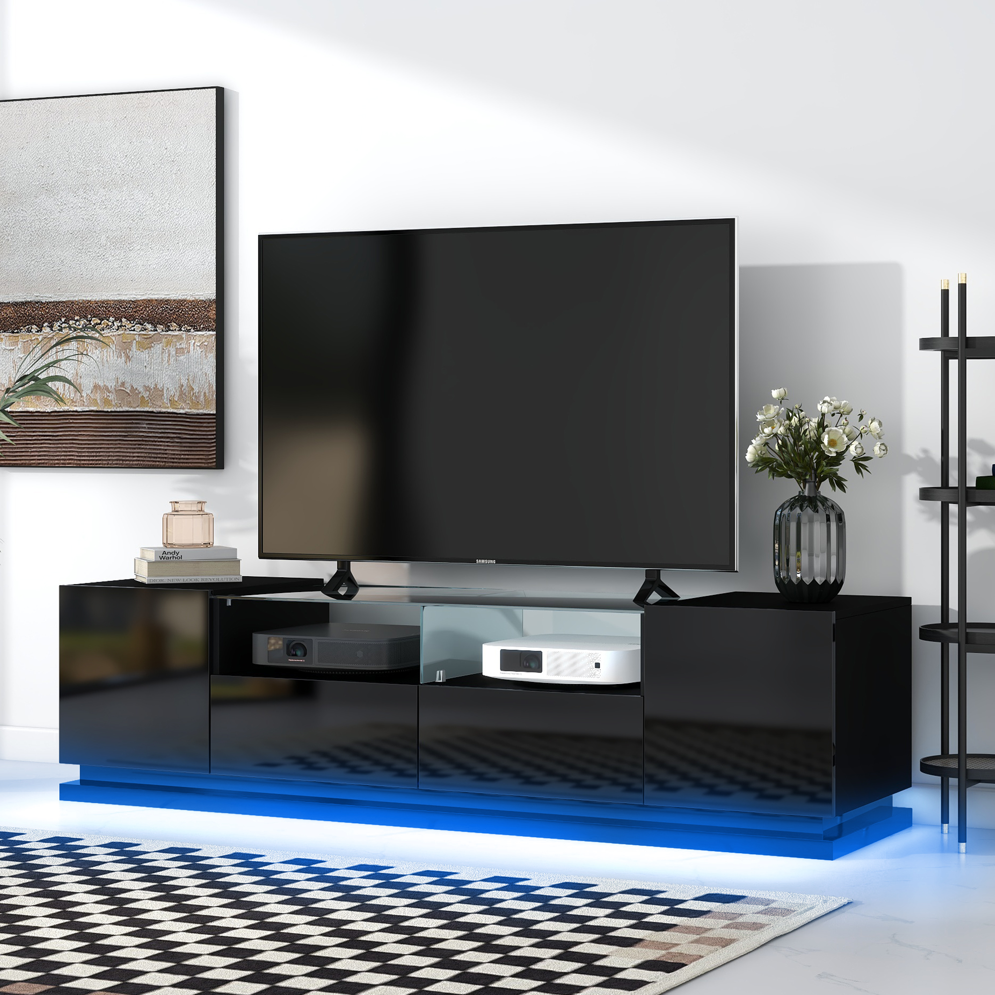 ON-TREND TV Stand with Tempered Glass, Modern High Gloss Entertainment ...