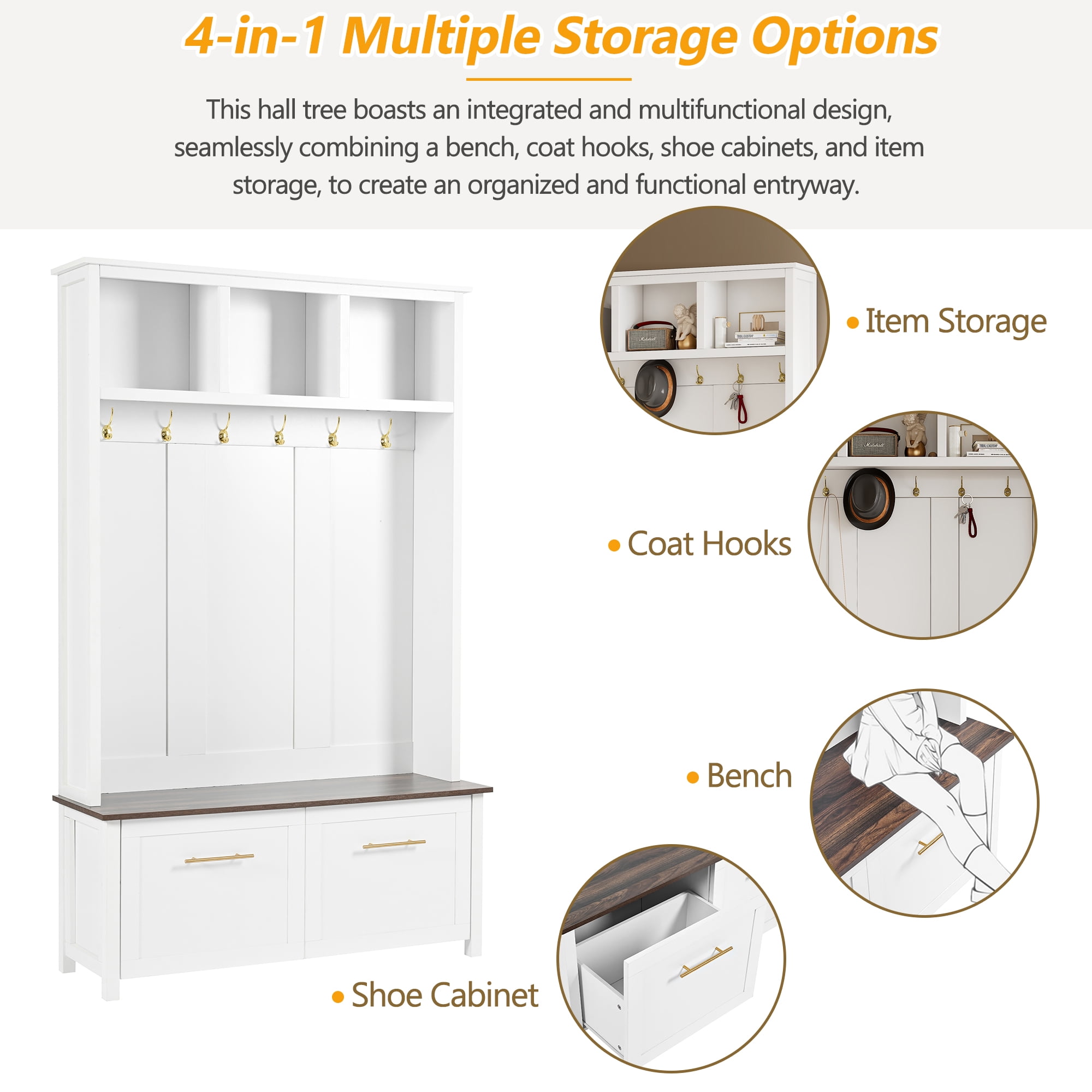 ON-TREND Versatile 4-in-1 Hall Tree with 6 Golden Hooks, Wood Grain ...