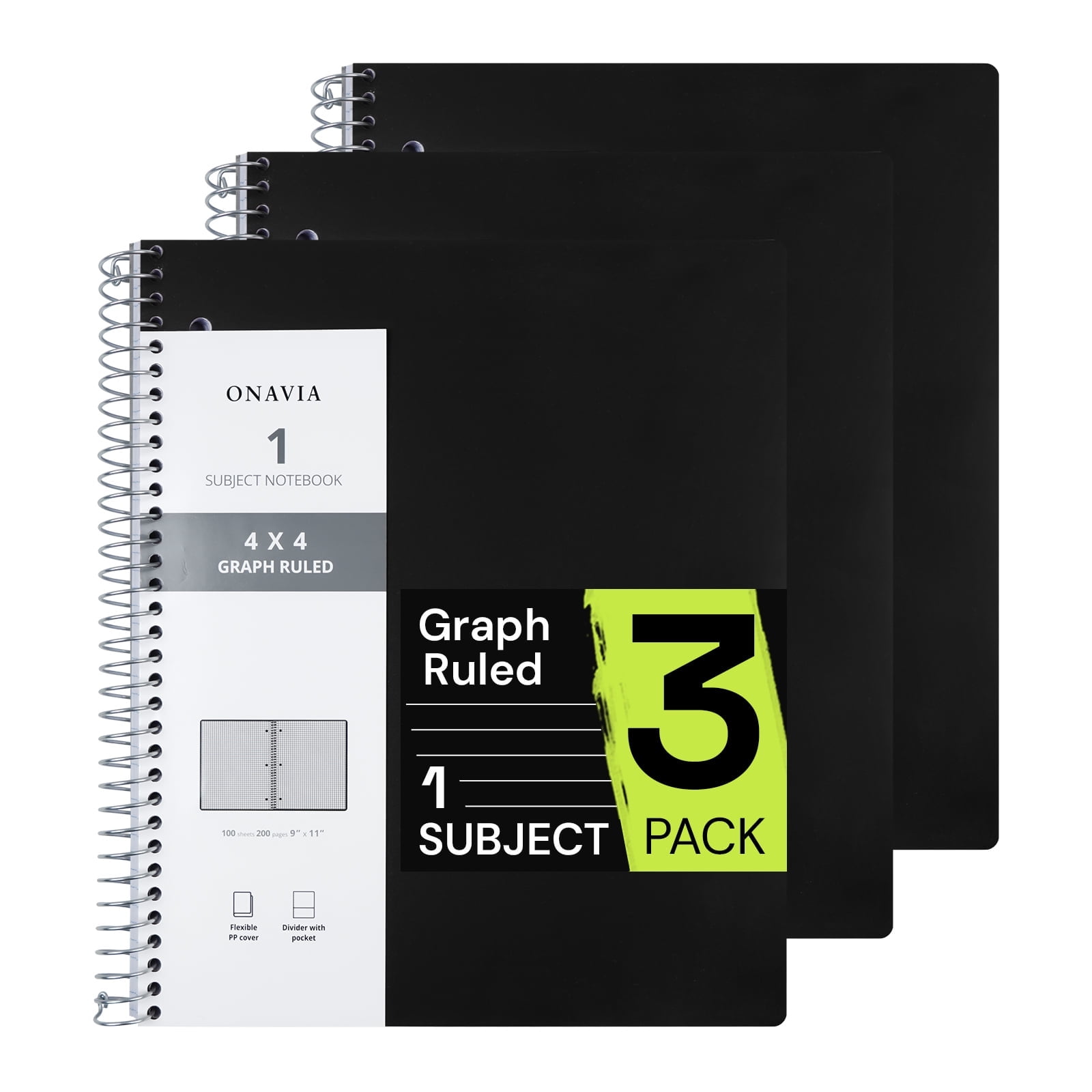 ONAVIA 1 Subject Notebook, 3 Pack, 4x4 Graph Ruled Paper, 9”×11 ...