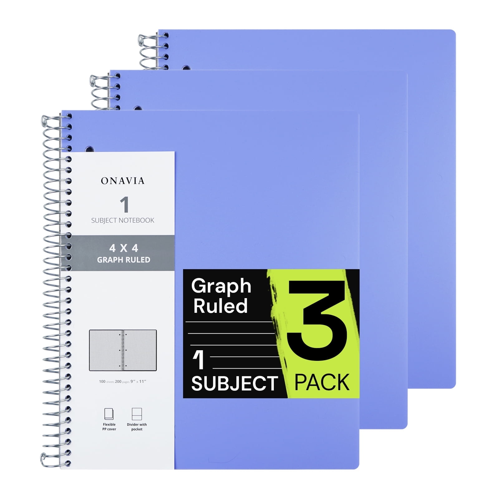 ONAVIA 1 Subject Notebook Graph Ruled Paper, 3 Pack, ‎9”×11”, 3-Hole ...