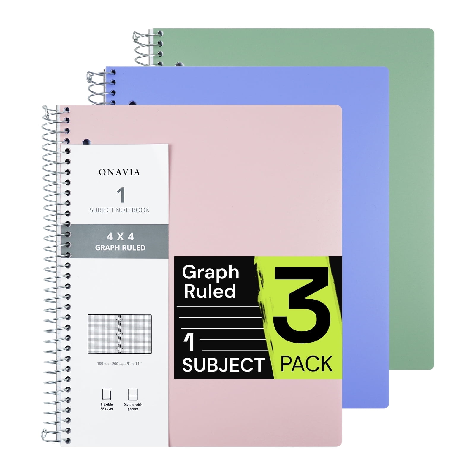 ONAVIA 1 Subject Notebook, 3 Pack, 4x4 Graph Ruled Paper, 9”×11 ...