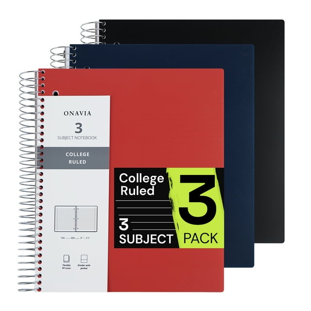 ONAVIA 3 Subject Notebook, 3 Pack, ‎9”×11”, College Ruled Paper Spiral ...
