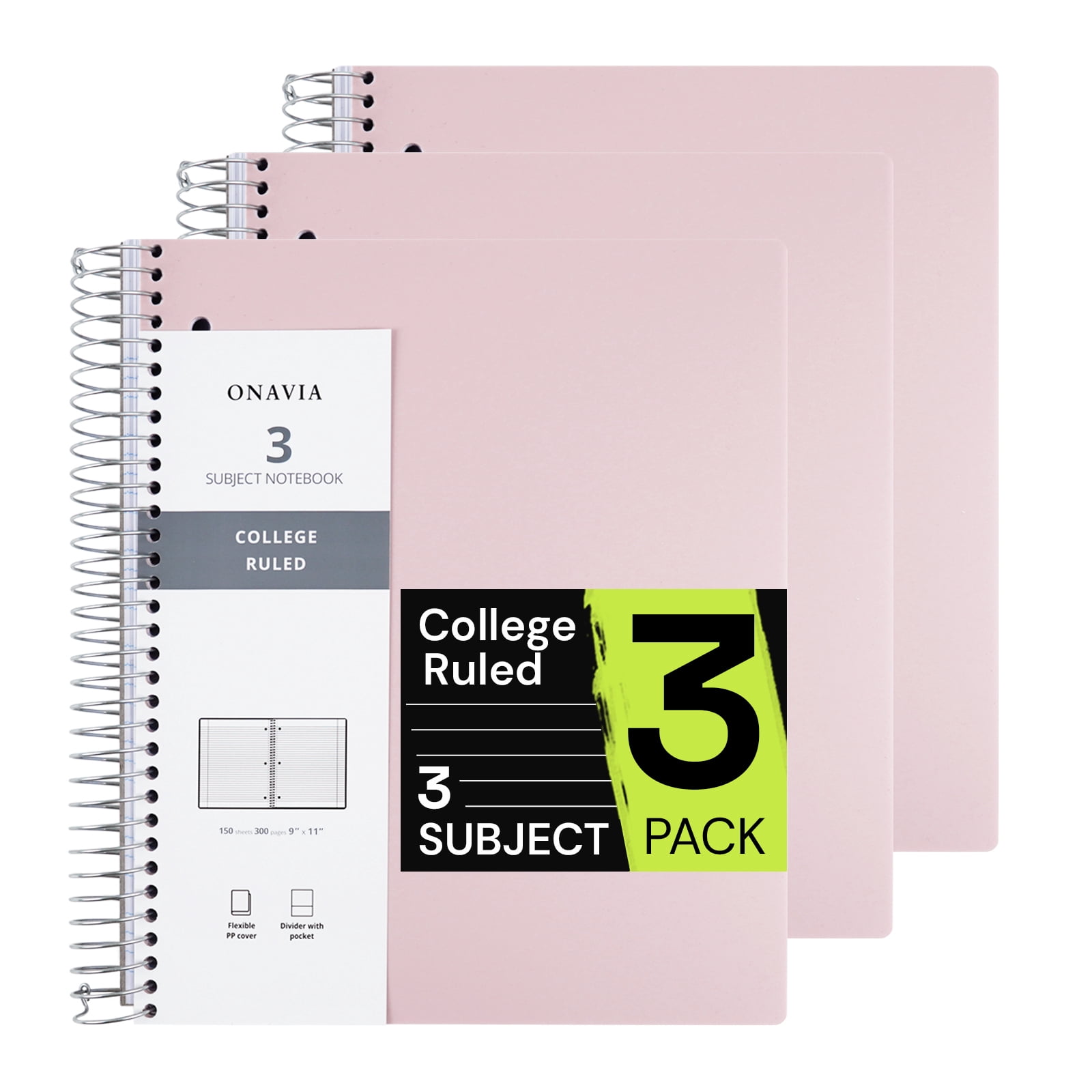 ONAVIA 3 Subject Notebook, 3 Pack, ‎9”×11”, College Ruled Paper with 3 ...