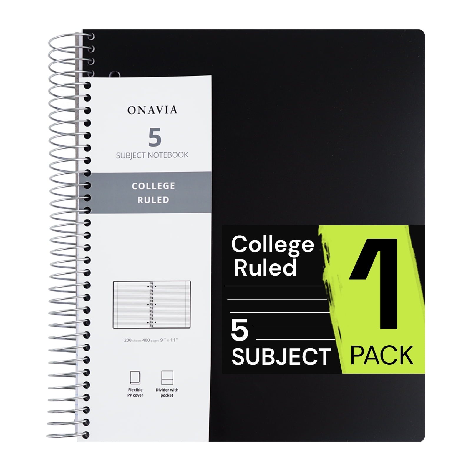 ONAVIA 5 Subject Notebook, ‎9”×11”, College Ruled Paper, Spiral Notebook, 3-Hole Punch, 5 ...