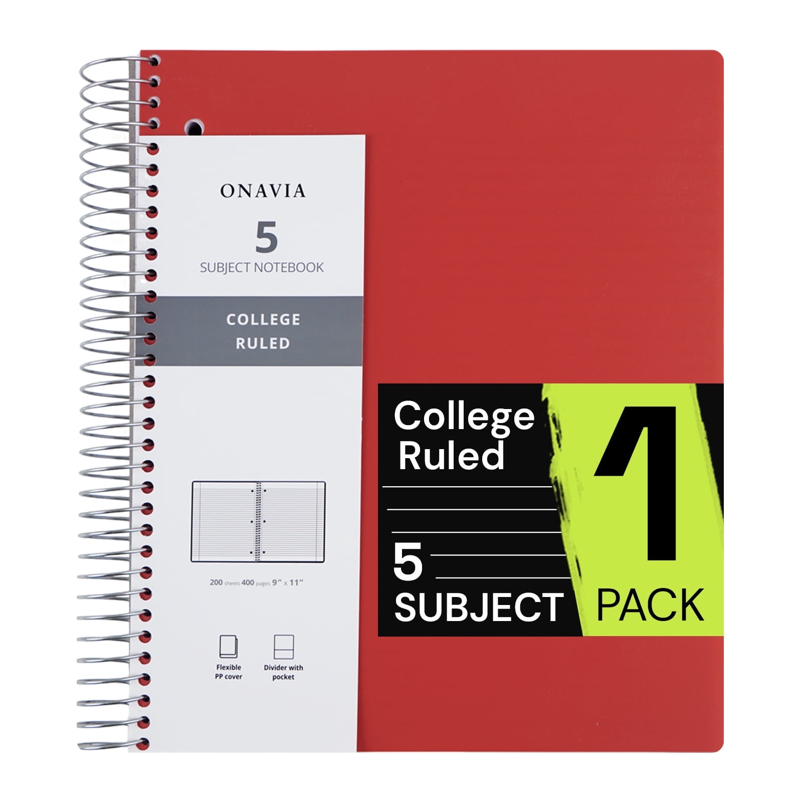 ONAVIA 5 Subject Notebook, ‎9”×11”, College Ruled Paper, Spiral ...