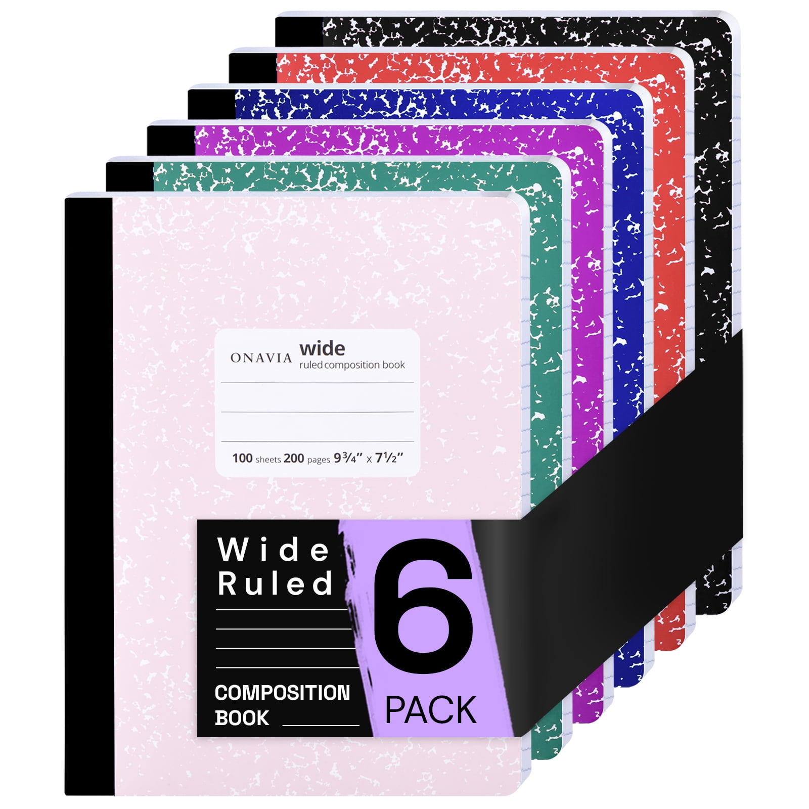 ONAVIA Composition Notebook Wide Ruled, 6 Pack, 200 Pages/100 Sheets, 9 ...