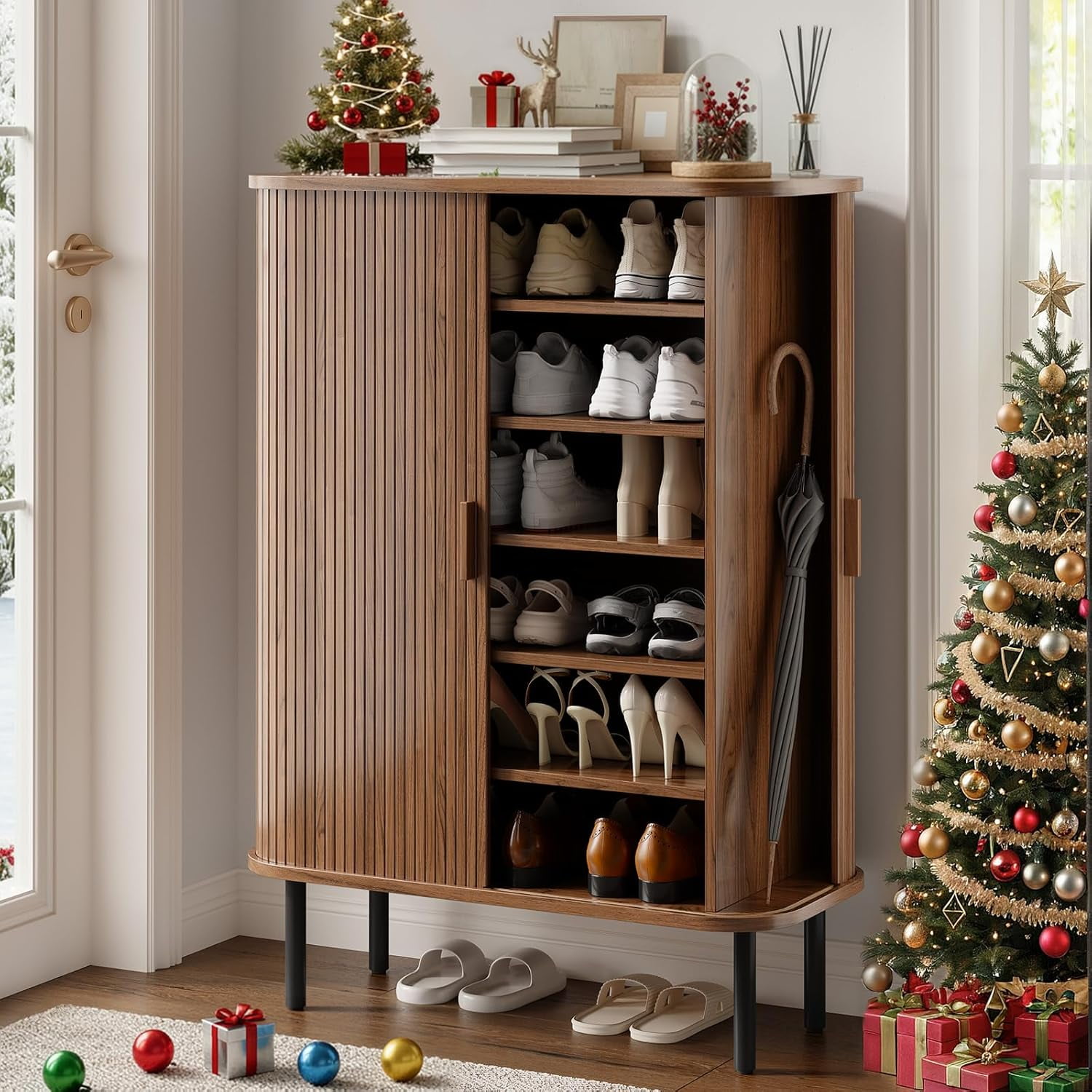 ONBRILL 6-Tier Shoe Cabinet with Sliding Door, Wooden Shoe Storage ...