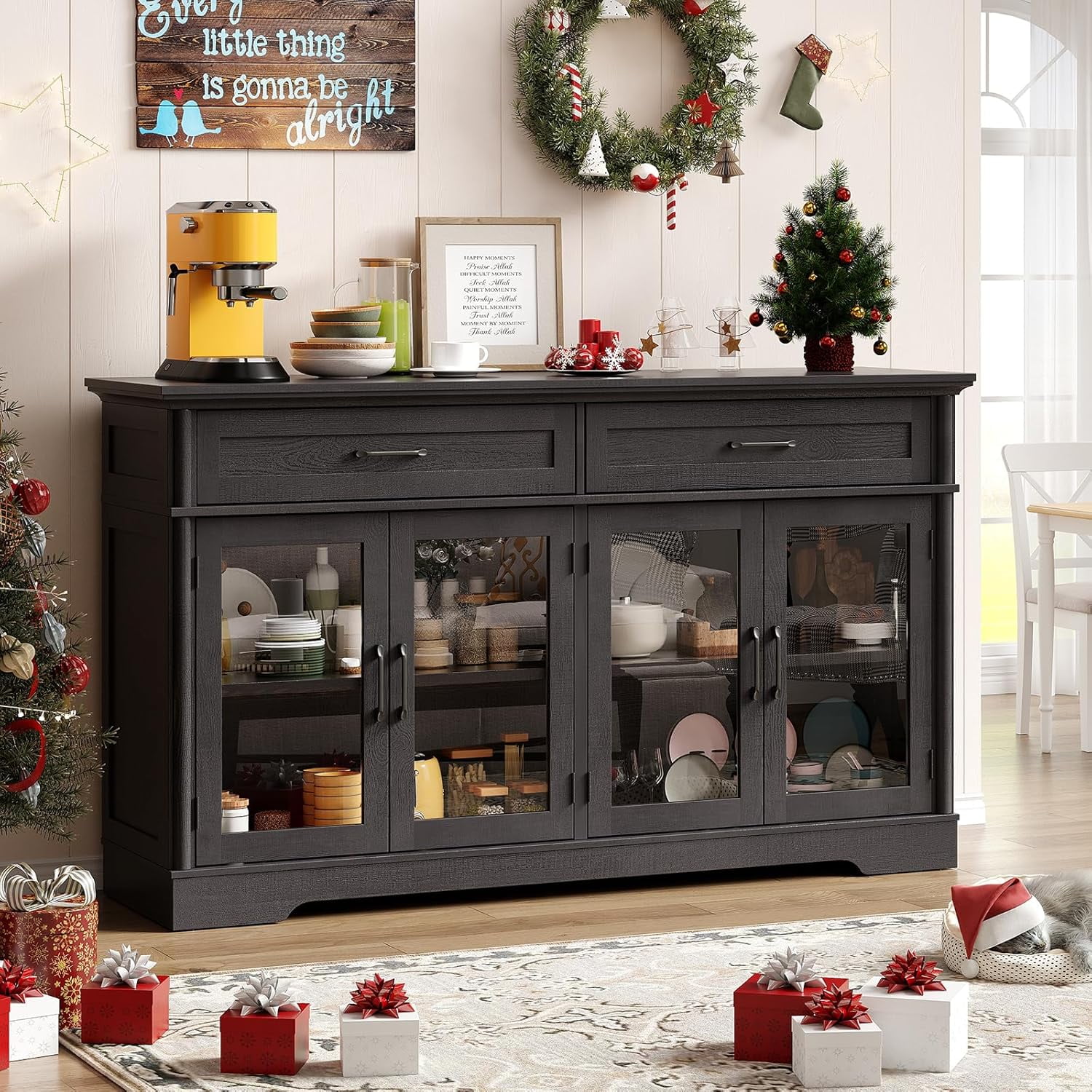 ONBRILL Buffet Cabinet with Storage, 60" Sideboard Cabinet with 4 Glass ...