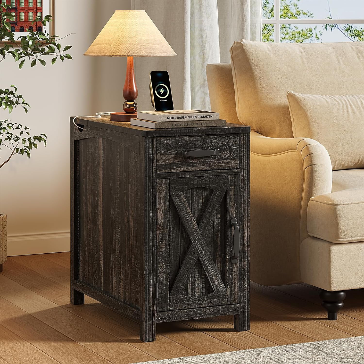ONBRILL Farmhouse End Table with Charging Station, Narrow Side Table ...