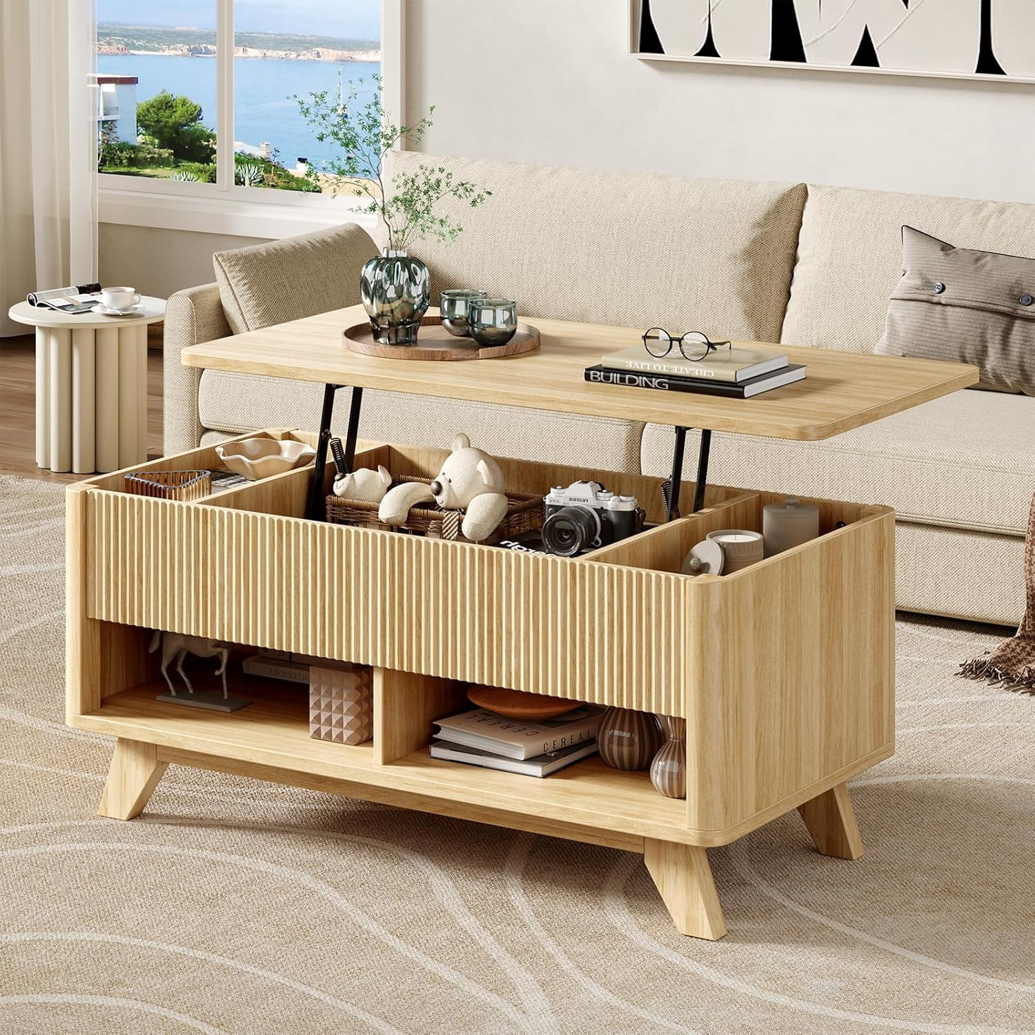 ONBRILL Farmhouse Lift Top Coffee Table, Mid Century Modern Coffee ...