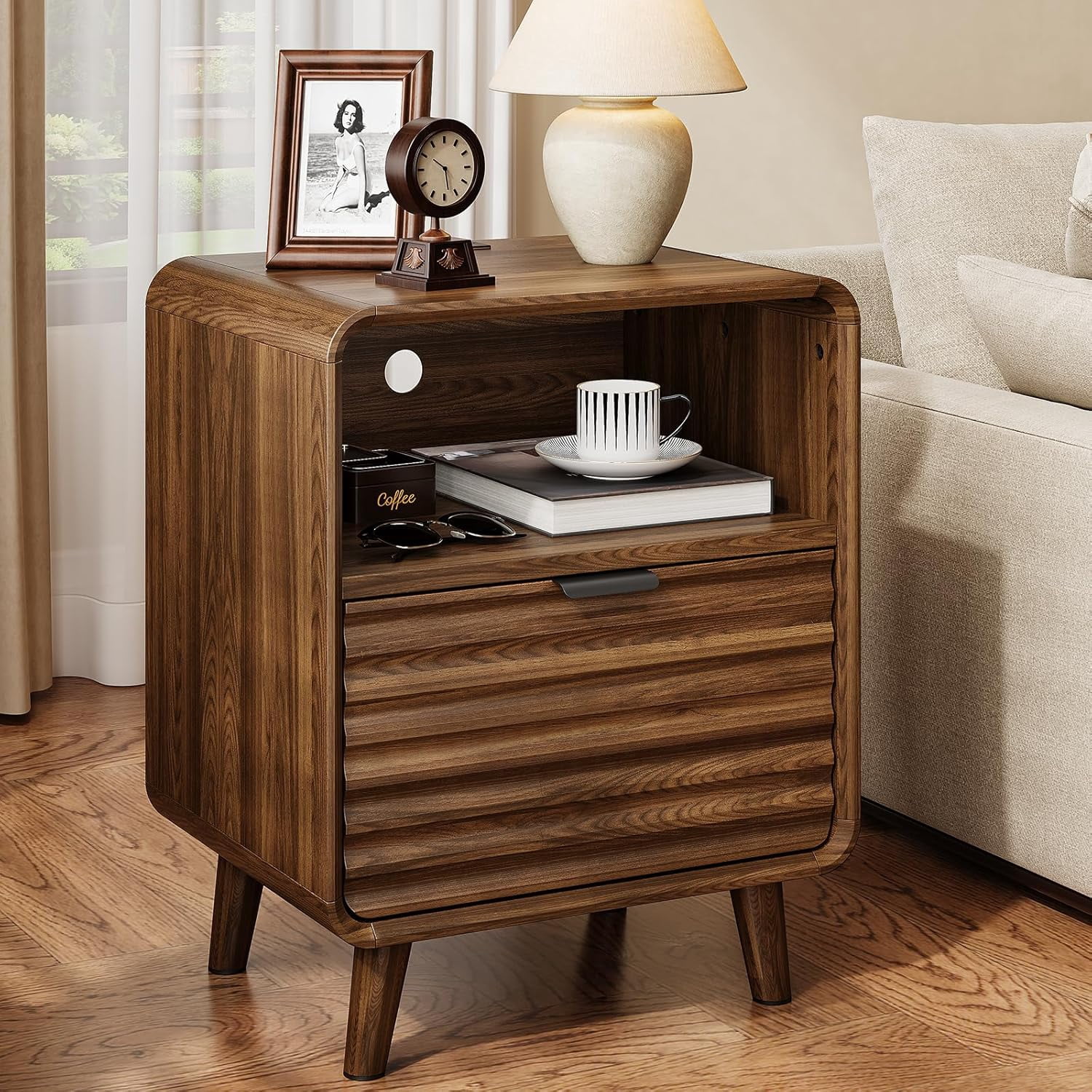 ONBRILL Fluted End Table with Charging Station, Mid Century Curved ...