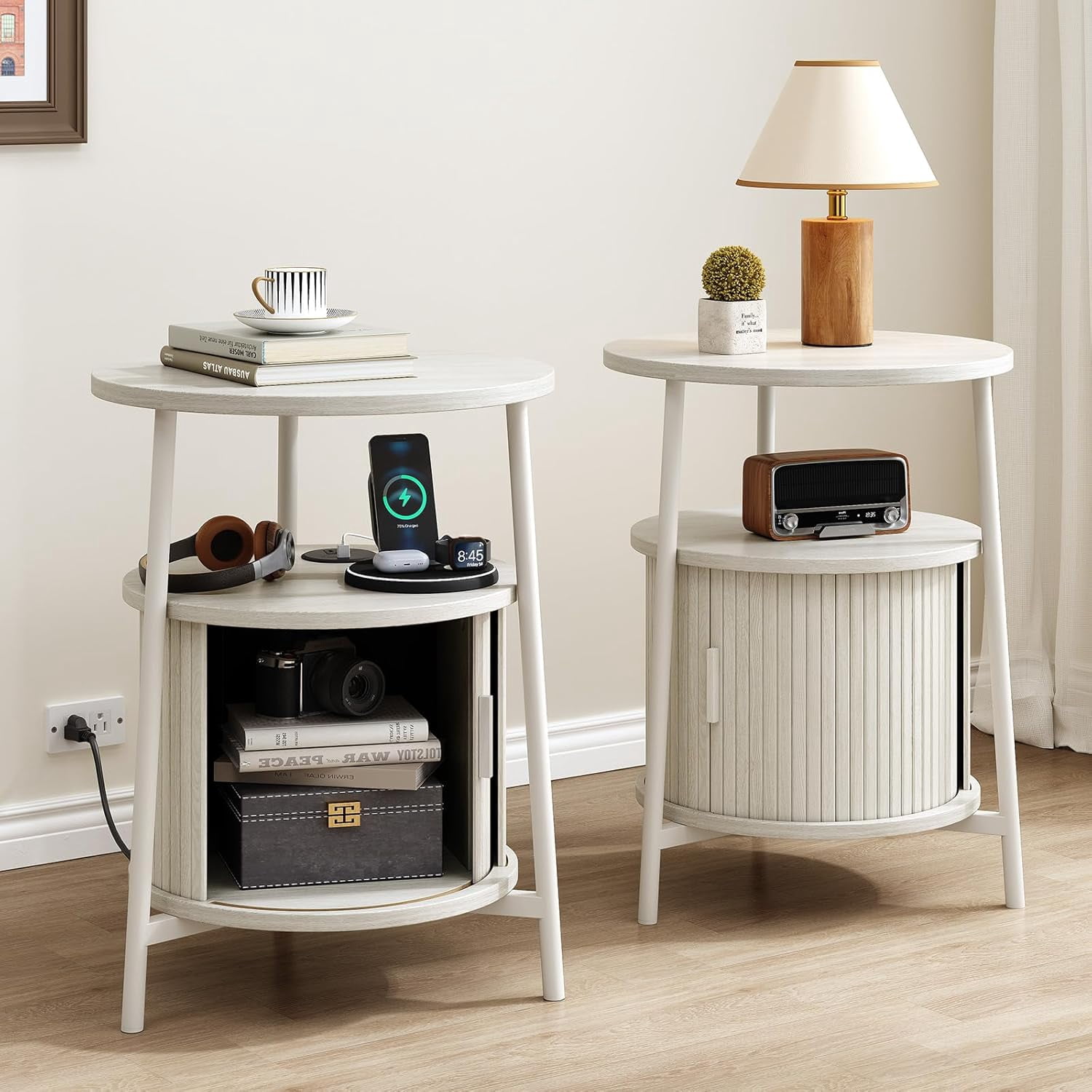 ONBRILL Round Side Table with Storage, Fluted Nightstand with Charging ...