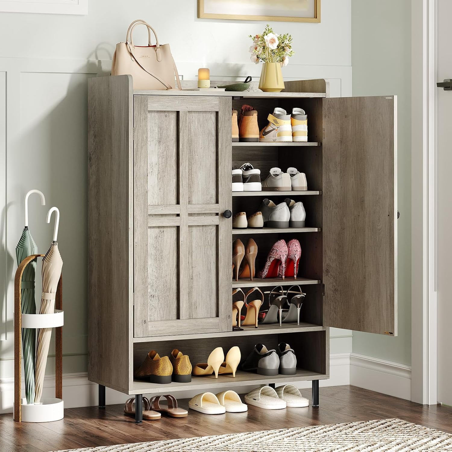 ONBRILL Shoe Cabinet with Cross Molding Doors, 6-Tier Shoe Storage ...