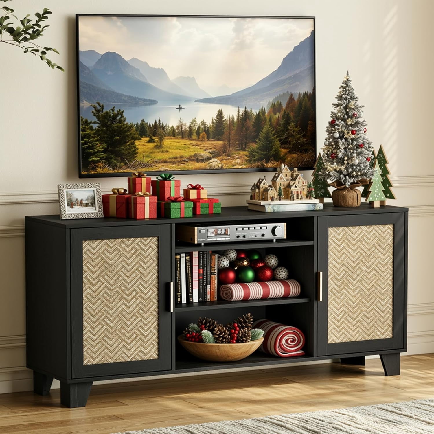ONBRILL TV Stand for 65 Inch TVs, Boho TV Consoles Cabinet with Power ...
