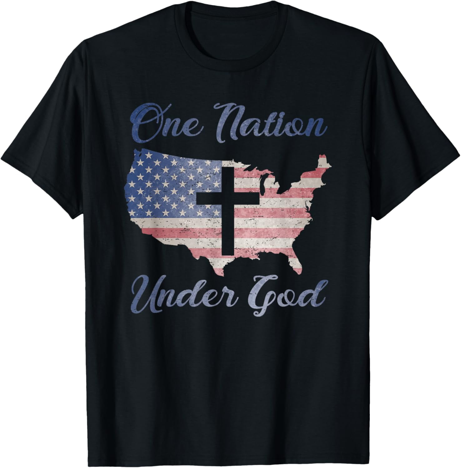 ONE NATION UNDER GOD Christian Cross American Flag USA Map T-Shirt100 ...