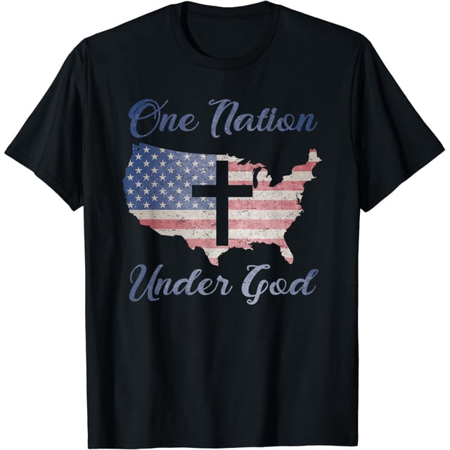 ONE NATION UNDER GOD Christian Cross American Flag USA Map T-Shirt ...