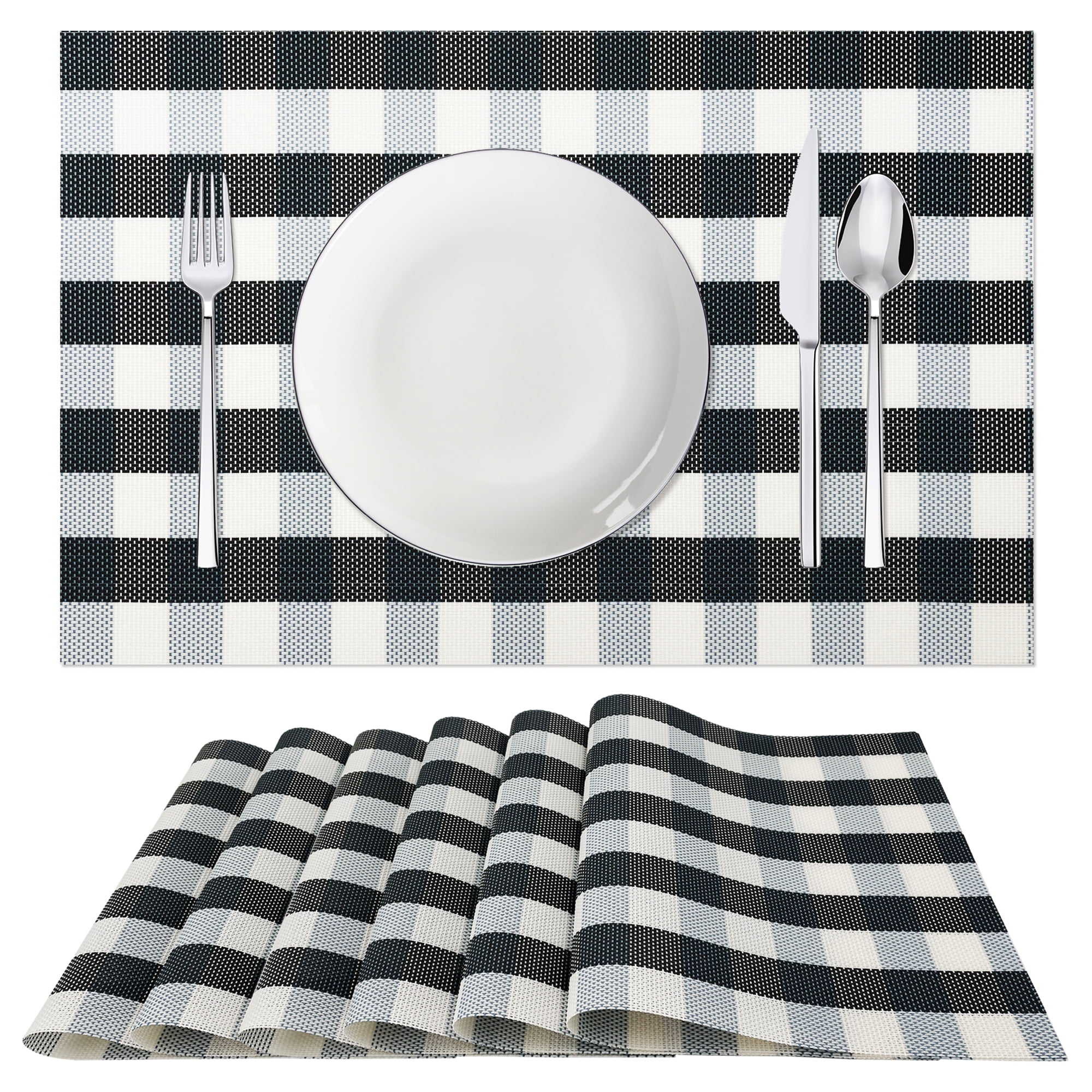 Furrygo Black and Blue Buffalo Plaid Placemats Set of 6, PVC Checkered ...