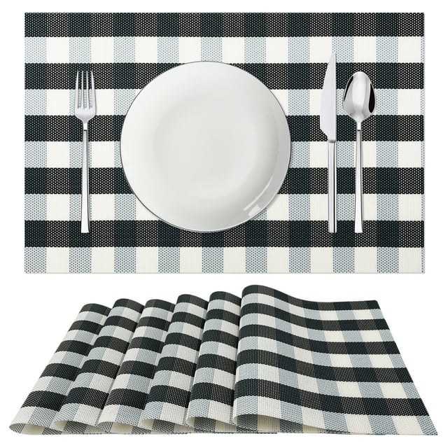 Furrygo Black and Blue Buffalo Plaid Placemats Set of 6, PVC Checkered ...
