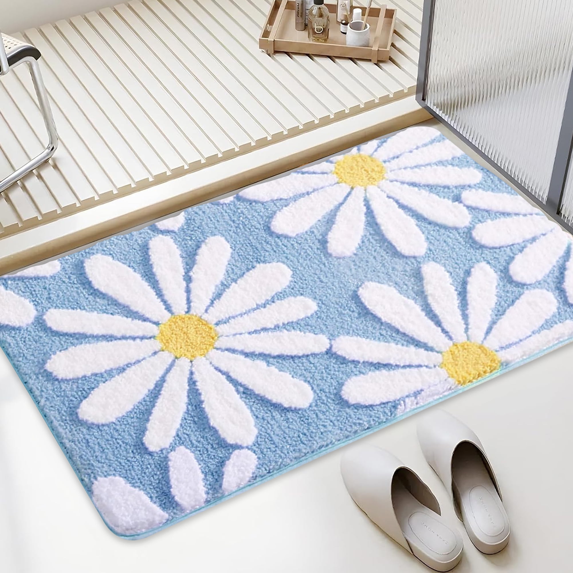 ONEFIND Blue Bathroom Rugs Cute Daisy Bath Mat White and Yellow Flower ...