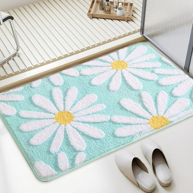 Furrygo Cyan Bathroom Rugs Cute Daisy Bath Mat White and Yellow Flower ...