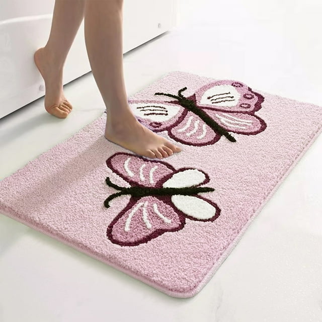 Furrygo Pink Bathroom Rug, Butterfly Pattern Microfiber Shaggy Bathroom ...