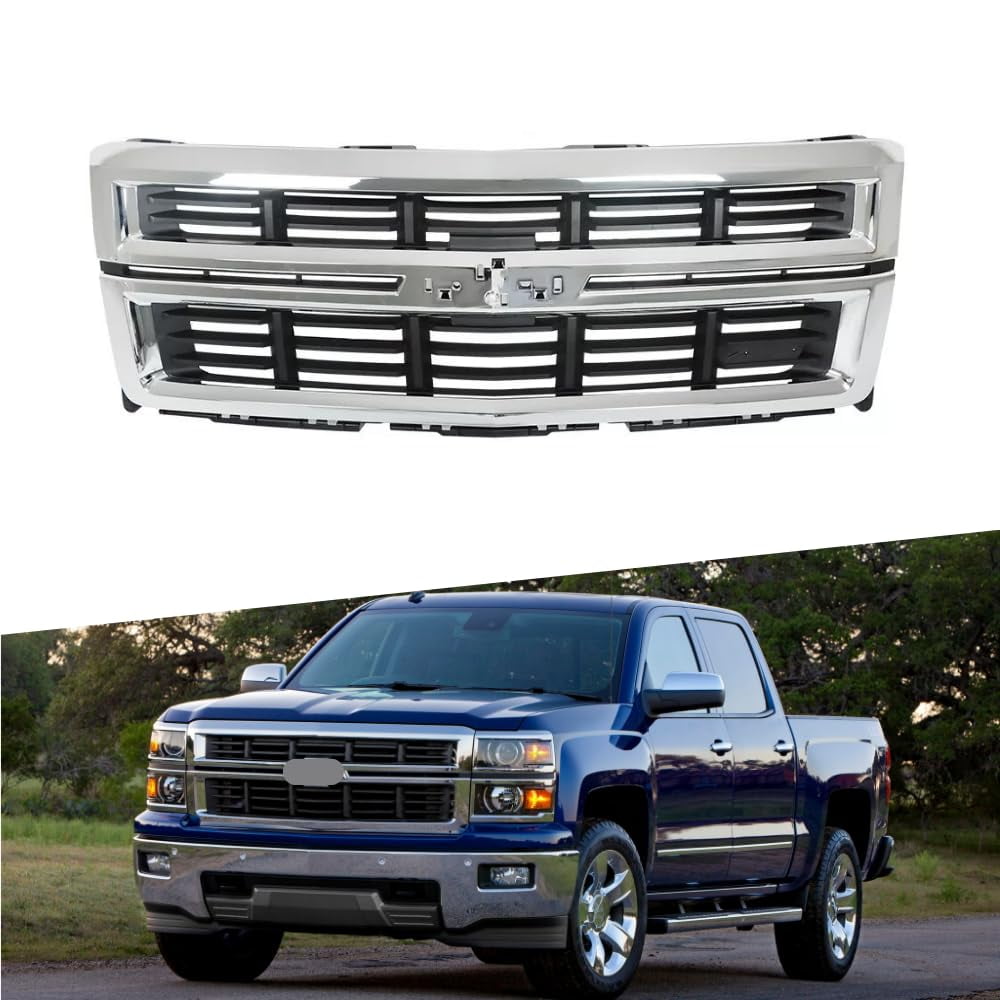 ONEPI Chrome Front Grill W/ Black Mesh Compatible with Chevy Silverado ...