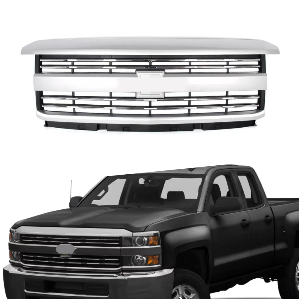 ONEPI Front Grill Silver Ice W/Chrome Insert Compatible with Chevy Silverado 2500HD 3500HD LT ...