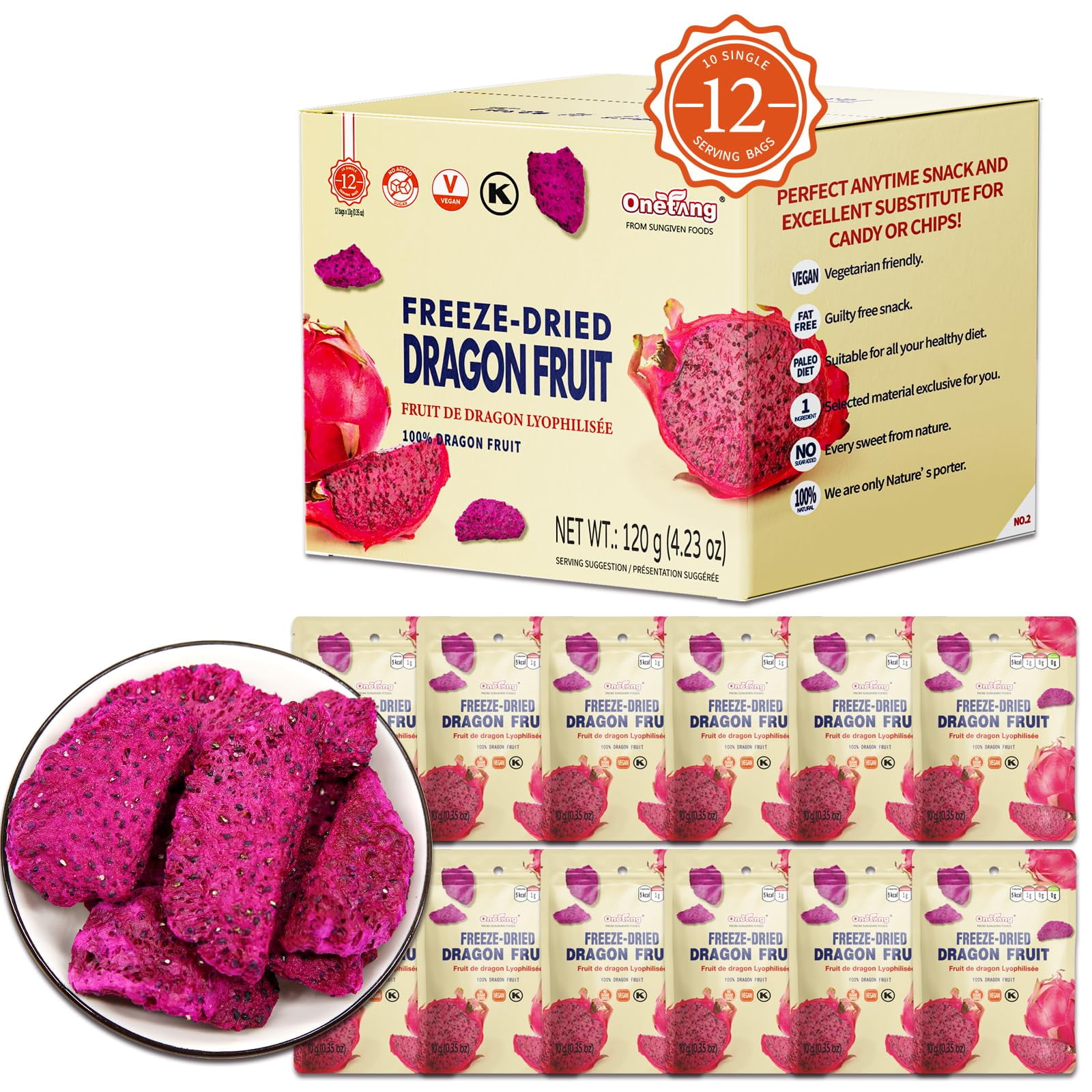 ONETANG Freeze Dried Dragon Fruit Chips (Pack of 12) for Drinks Refreshers, Healthy 1 Ingredient ...