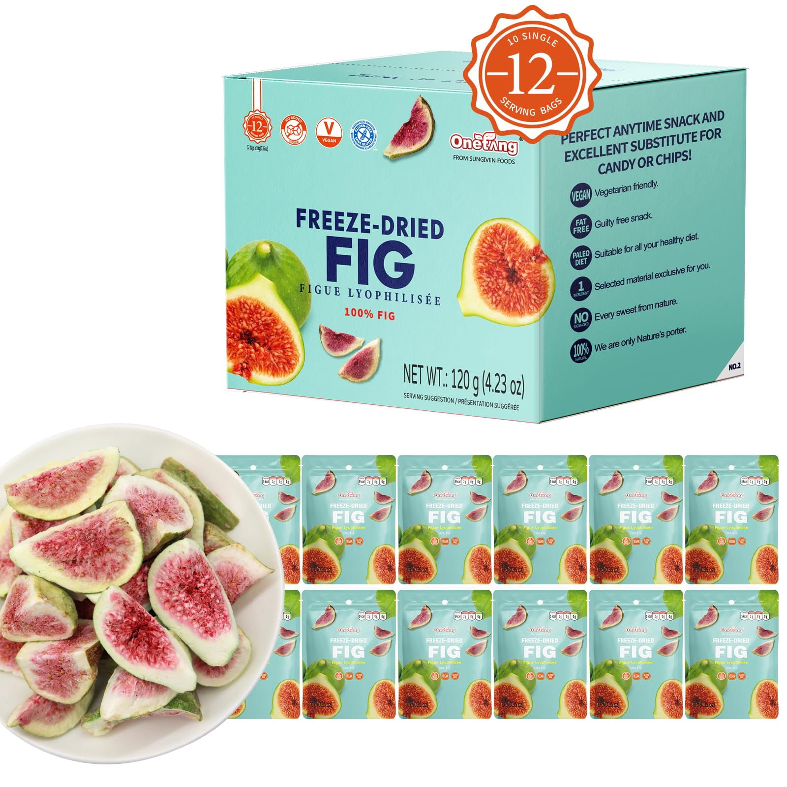 ONETANG Freeze-Dried Fruit Fig STF9 Chips, 12 Pack Single-Serve Pack, Non GMO, Kosher, No Add ...
