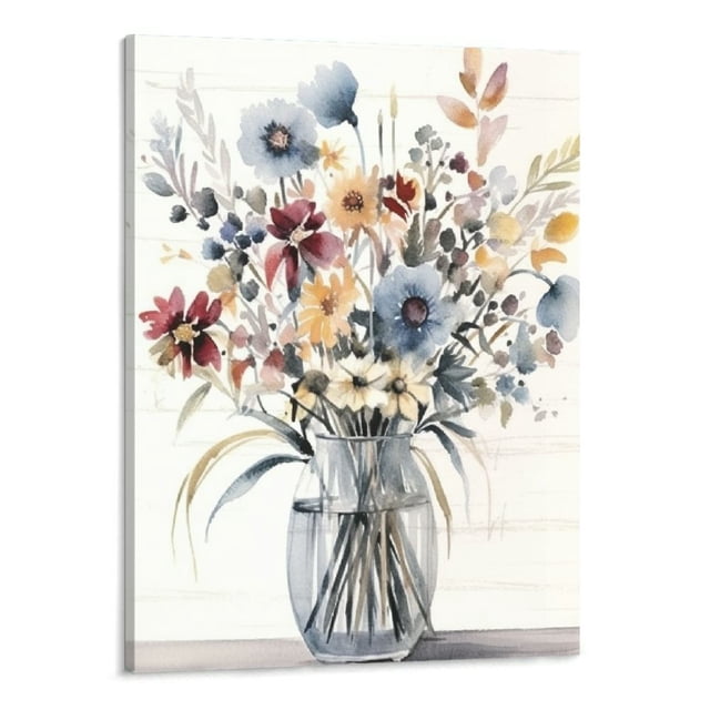 ONETECH Abstract Flower Bouquet Wall Art: Gray Blue Floral in Jar ...