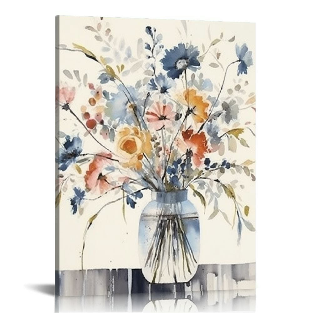 ONETECH Abstract Flower Bouquet Wall Art: Gray Blue Floral in Jar ...