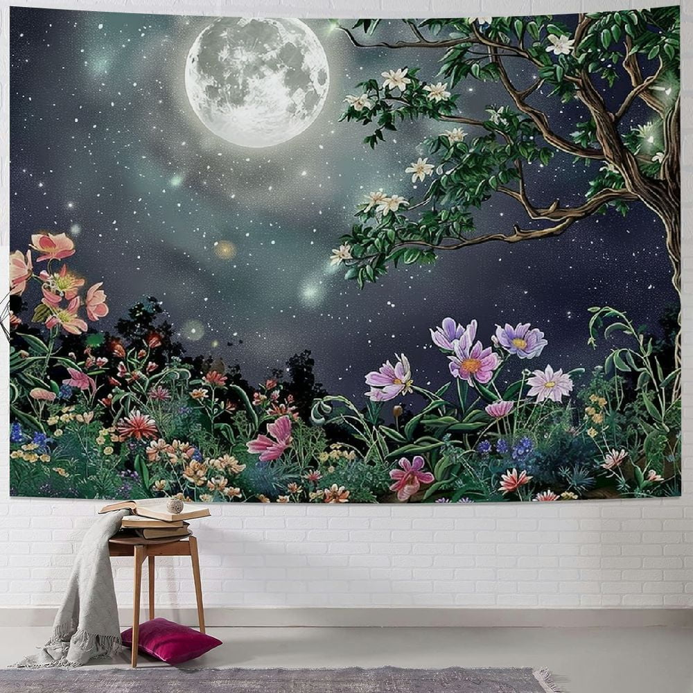 ONETECH Aesthetic Moon Garden Tapestry Wall Hanging, Night Landscape ...
