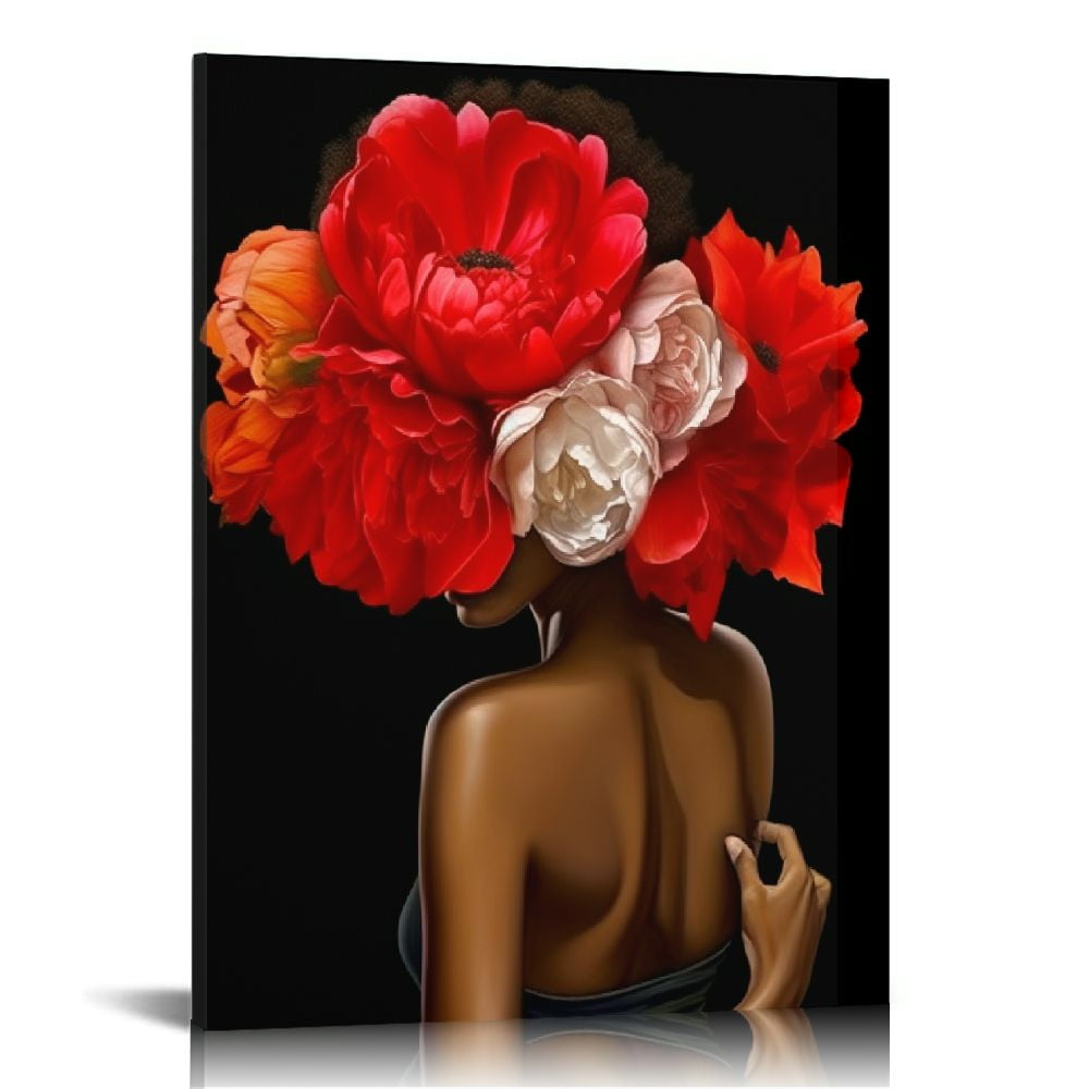 ONETECH African American Wall Art Red Flower on Black Women Head Vintage Canvas Art Paintings ...