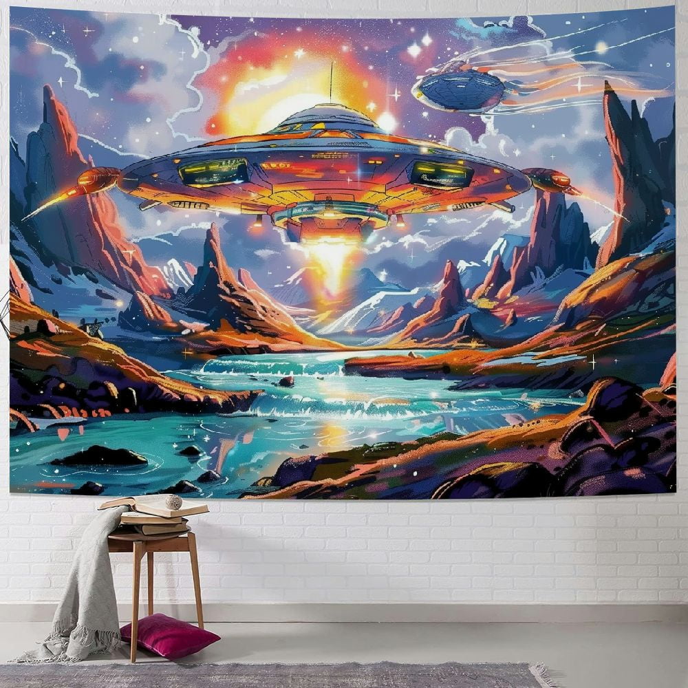 ONETECH Alien UFO Tapestry Sun Mountain Tapestry Colorful Plant Floral ...