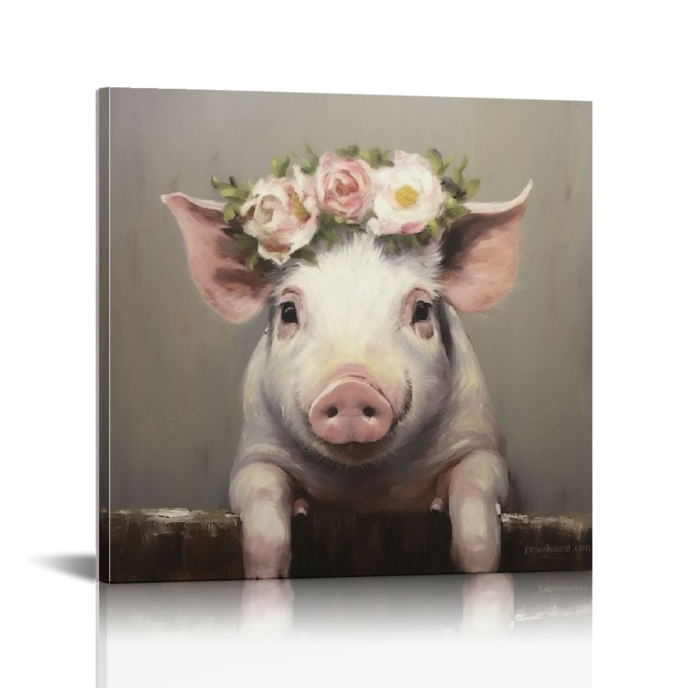 ONETECH Animal Pig with Flower Crown Poster Wall Art Canvas Painting ...