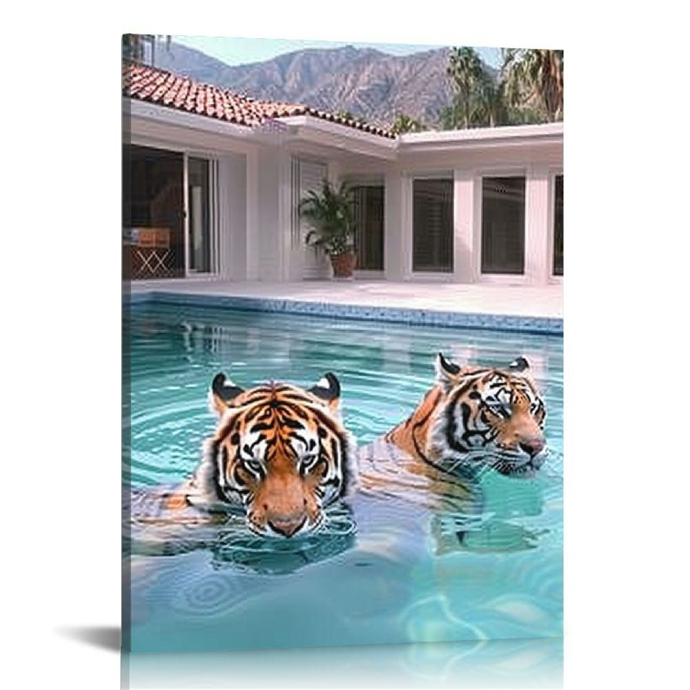ONETECH Animal Tigers and Swimming Pool Poster Wall Art Canvas Painting ...