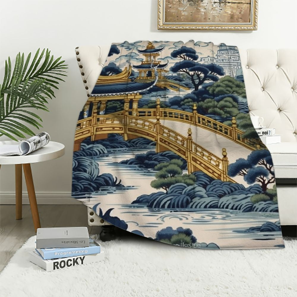 ONETECH Aqua Blue and Gold Pagoda Flannel Blanket Ming Blue Pagoda ...